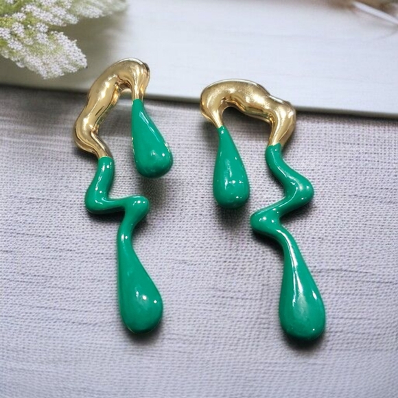 Jewelry | New Oversized Gold Emerald Green Enamel Water Drip Earrings ...